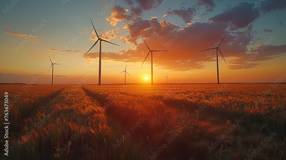 Wind farm field and sunset sky. Wind power. Sustainable, renewable ...