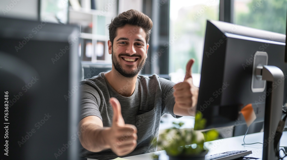 smiling young man working in a tech company showing thumbs up job ...