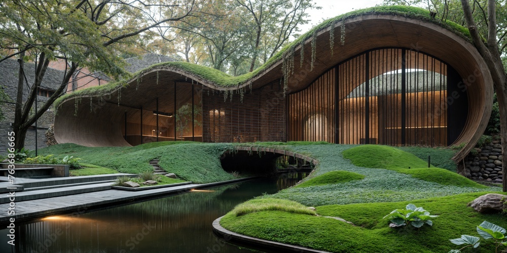 Zen Sensory Pavilion An architectural marvel with a flowing, zen ...