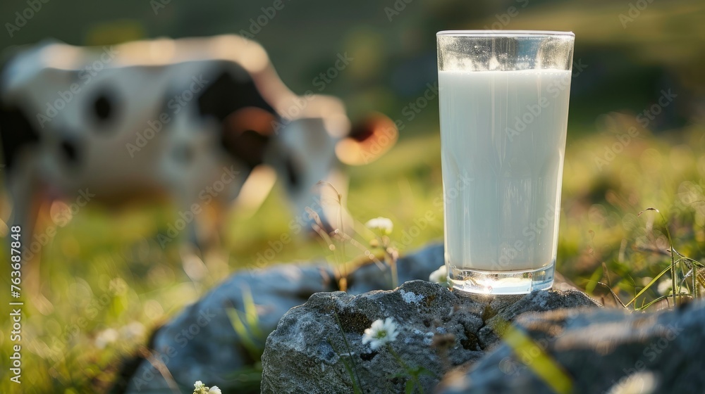 Glass of Milk Resting on a Smooth Rock with bacground cow and nature ...