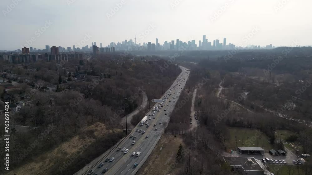 This drone video shows the Don Valley Parkway with rush hour traffic ...