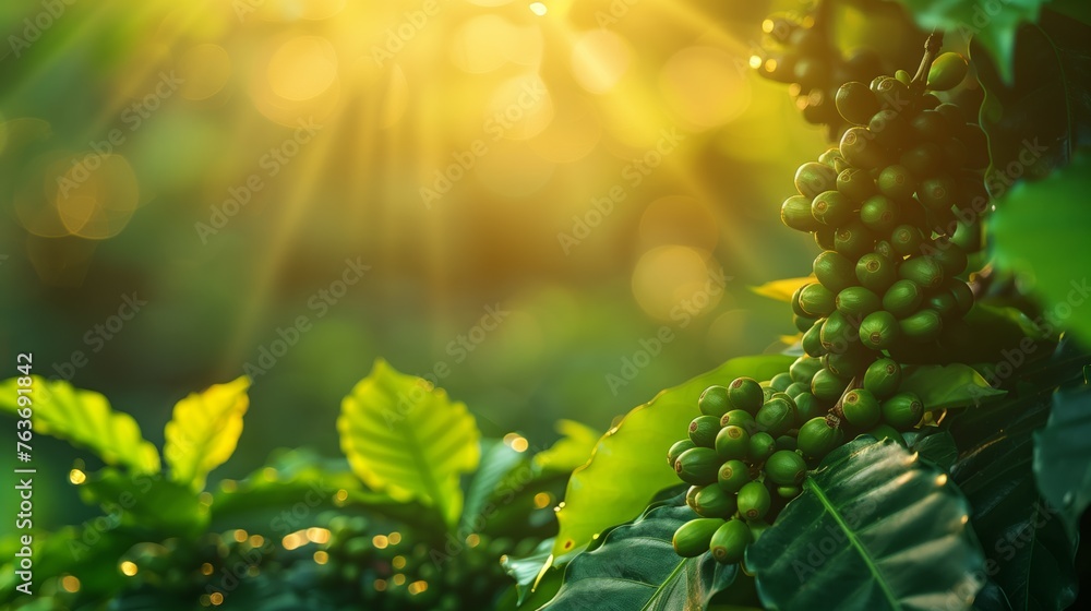 Green Coffee Beans on Plant at Sunrise. Sunlit green coffee beans on a ...