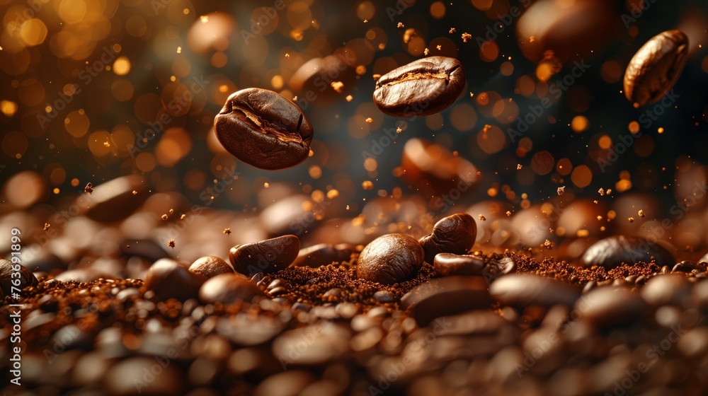 Floating Coffee Beans with Golden Glitter. Coffee beans float ...
