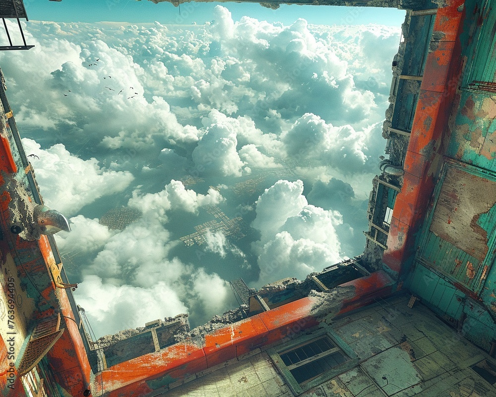 Imagine a surreal world where everything defies gravity Create a design ...