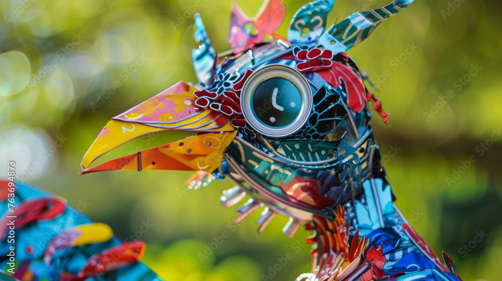 A macro shot of a handcrafted bird sculpture made from flattened and ...