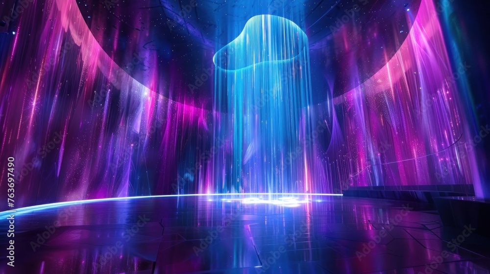 Futuristic virtual reality exhibition with immersive neon lights and ...