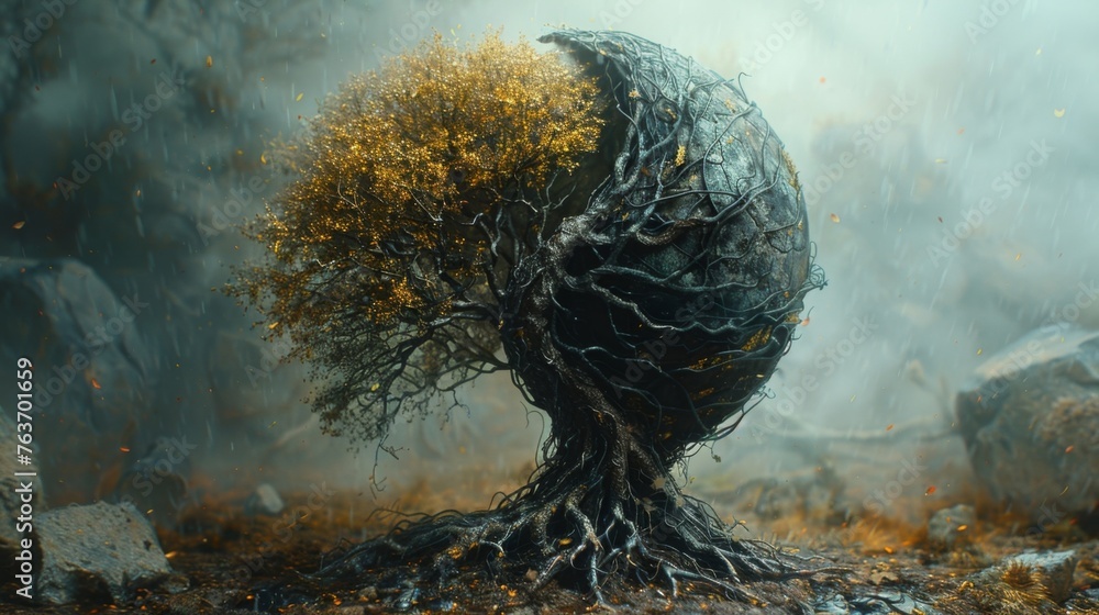 A yin and yang symbol with one half made of tree roots and the other ...