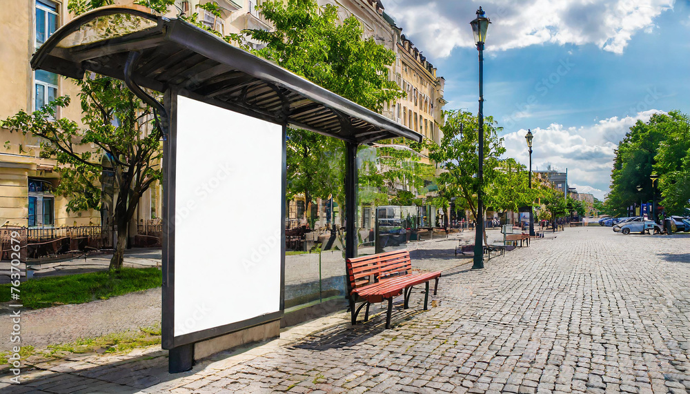bus stop with empty advertising banner and benches placed on ...