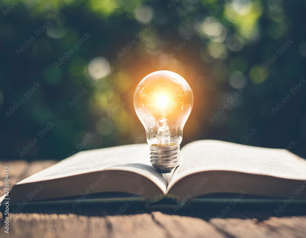Illuminating pages of open book with glowing light bulb symbolizes ...