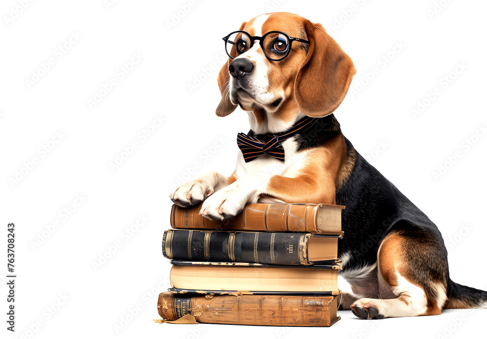 Beagle dog wearing glasses and a bow tie sitting on top of books ...