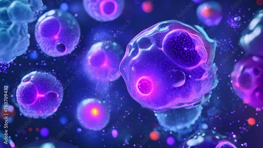 A bunch of colorful cells are shown in a blue background. The cells are ...