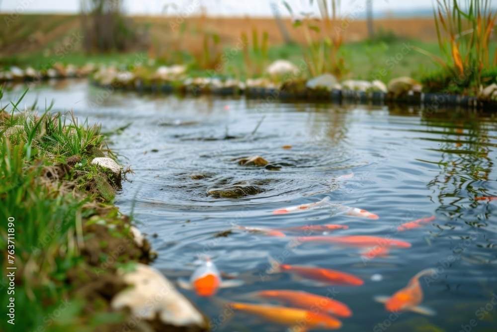 Colorful koi fish swimming in a clear blue pond with green plants on ...