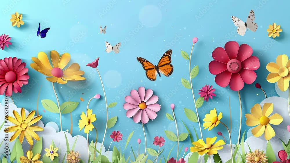 blue background with summer border paper cut fantasy flowers leaves ...