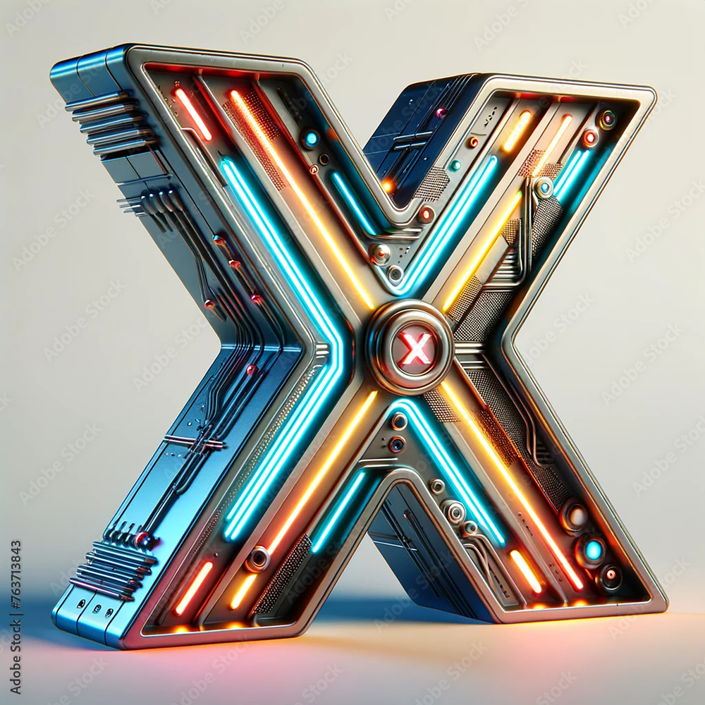 A 3D, retro-futuristic style "X" sign equipped with whimsical metal ...