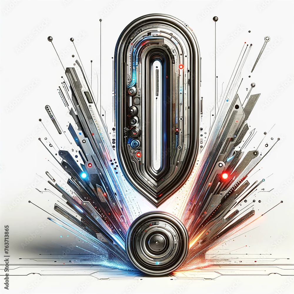 A 3D, retro-futuristic style exclamation mark equipped with whimsical ...