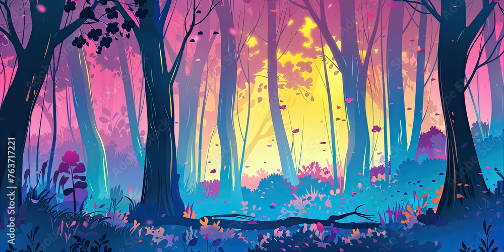 ภาพประกอบสต็อก Cartoon forest background, anime style trees backdrop ...