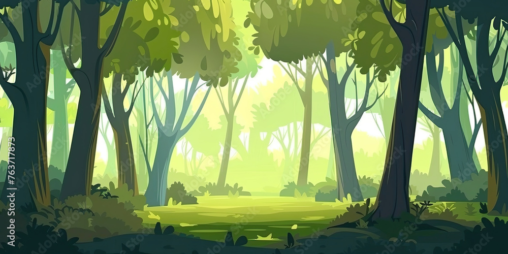 Cartoon forest background, anime style trees backdrop design graphic ...