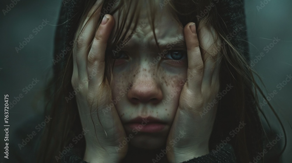 Young girl shielding her face, capturing the essence of profound ...