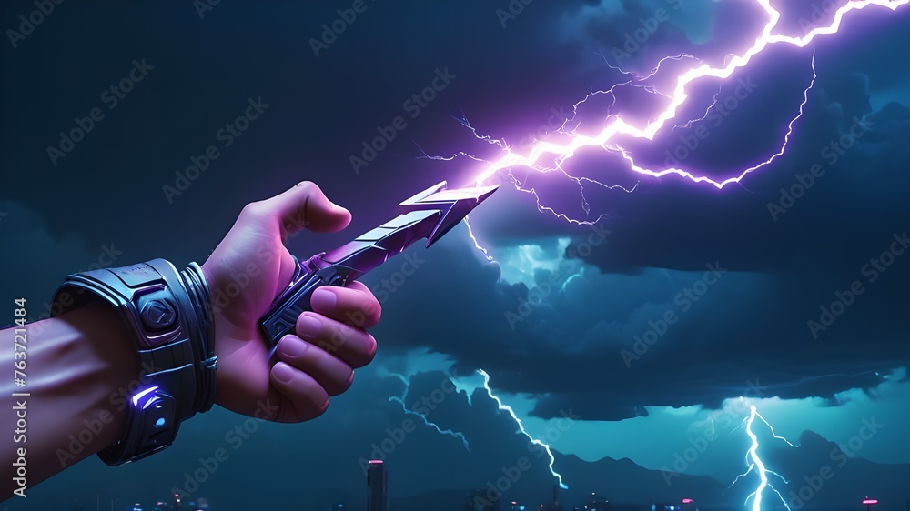 Hand holding up a lightning bolt. Energy and power. Stormy background ...