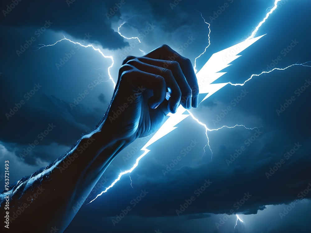 Hand holding up a lightning bolt. Energy and power. Stormy background ...