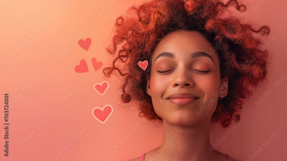 A African American woman in love with pink curls, feels new love and ...