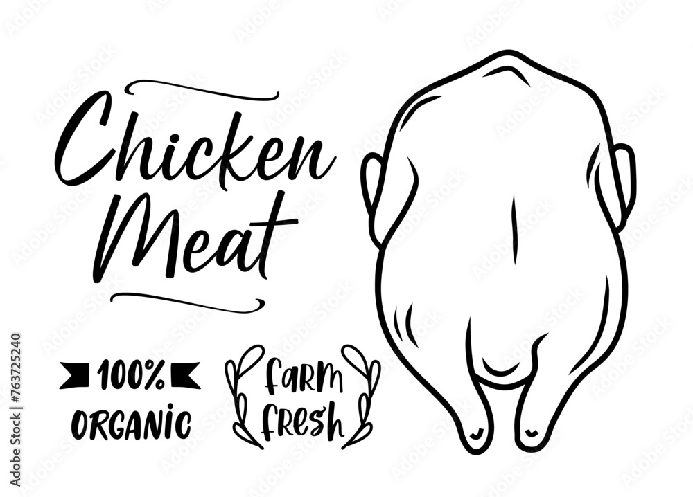 Chicken meat silhouette. Farm fresh raw whole chicken. Black and white ...