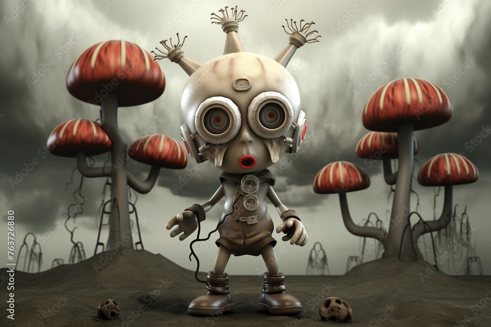 3D cartoon of kid in gas mask, facing a nuclear explosion Stock ...