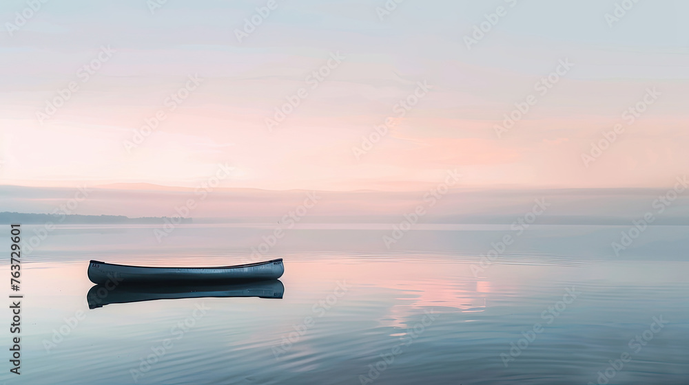 "Tranquil Dawn Canoe" - A single canoe floats on a mirror-like lake ...
