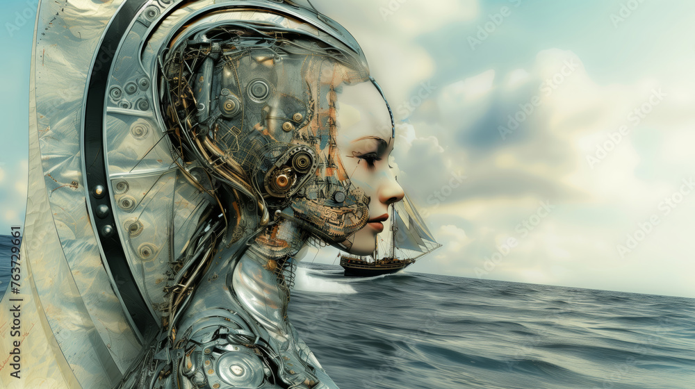 artificial intelligence, embodied as a beautiful cybernetic woman ...