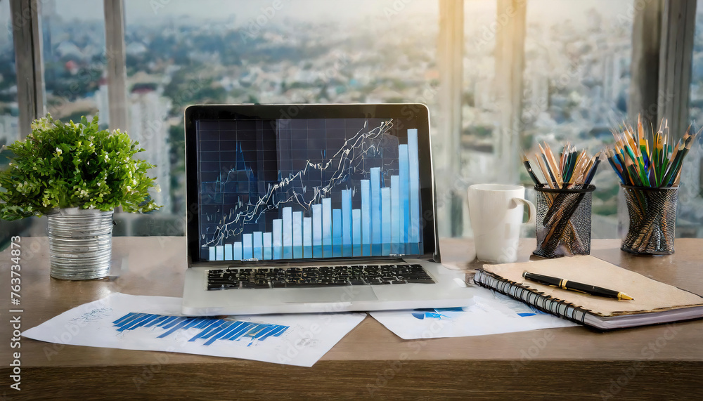 Financial chart on a laptop screen on a desk with city scene through ...