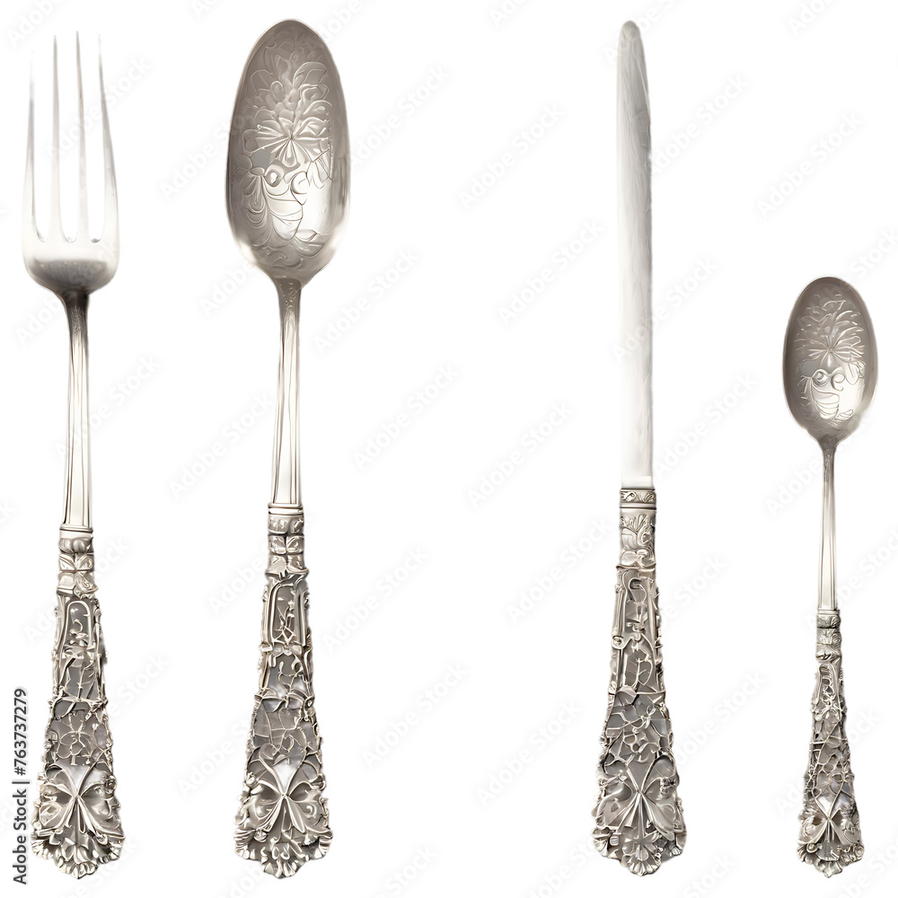 Collection of antique silverware on a lace tablecloth, isolated on ...