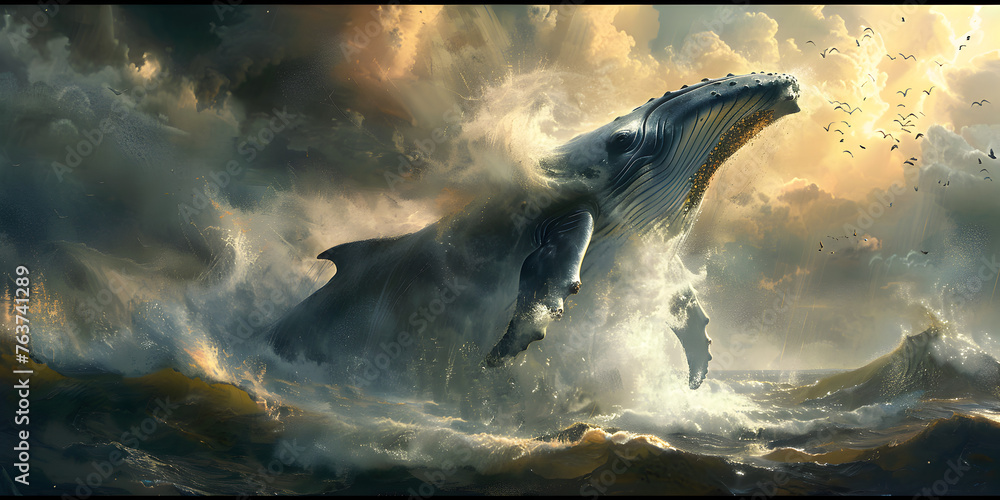 Beautiful whale jumping over breaking waves. A powerful humpback whale ...