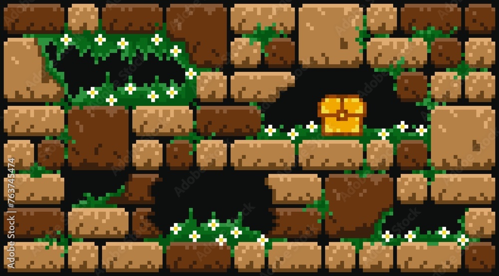 Pixel art dungeon, ground texture tile set design with green moss, gold ...