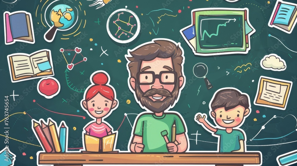 Cartoon male teacher with a pointer and a young student on a chalkboard ...