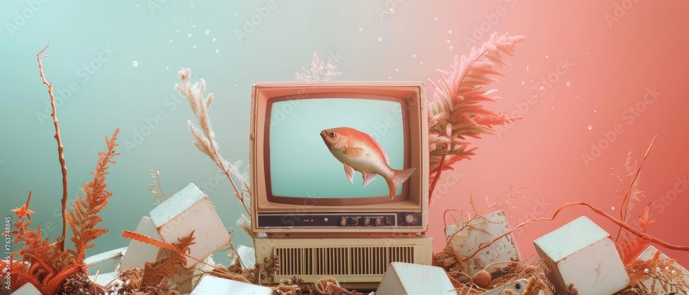 News and gossip. Fish in retro television set. Contemporary art collage ...