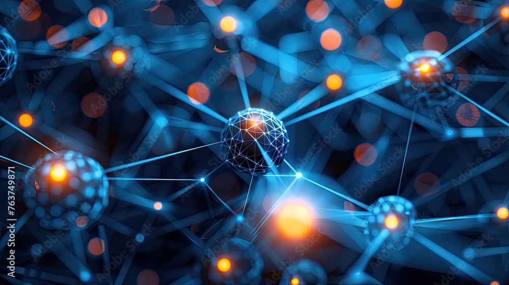 Abstract tech background with illuminated fiber optic connections, quantum computing network ...