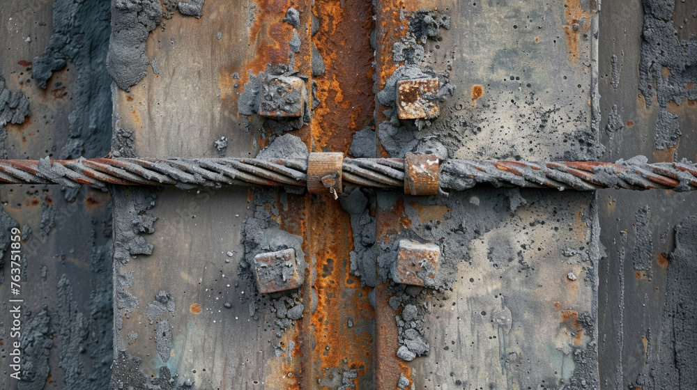 Detail of a reinforced concrete pillar with exposed steel reinforcement ...