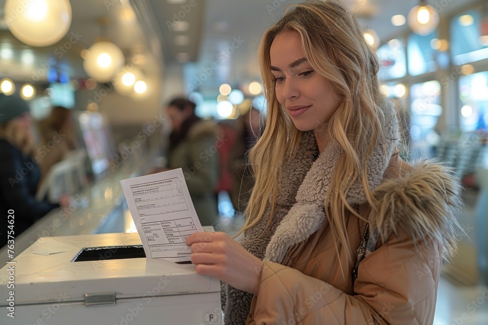 Woman Voting: Casting a Ballot in a Modern Ballot Box During an ...