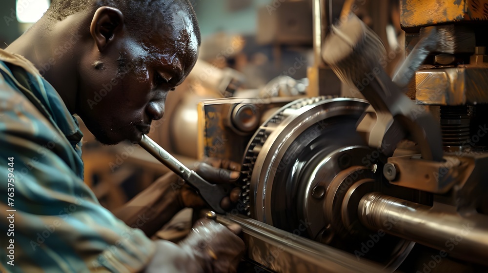The portrait of an African worker at a machine in production shows hard ...