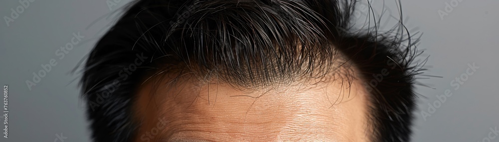 Close view of thinning sparse hair in young Asian man, hair loss ...