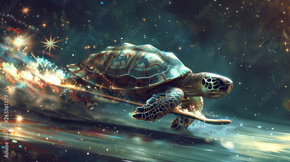 A turtle with a jet-powered skateboard, zooming fast, leaving a trail ...