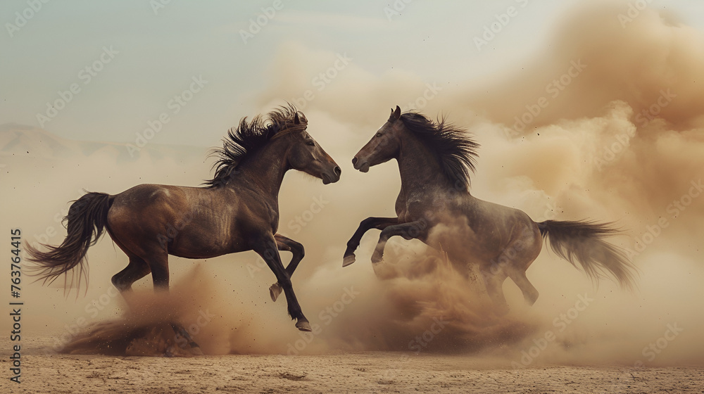 Stallions fighting in desert copy space isolated Two wild horses fuss ...