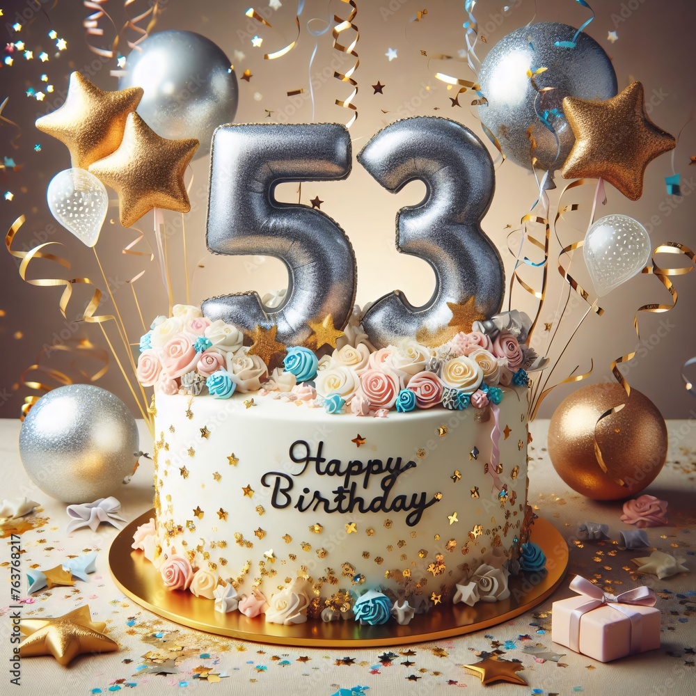 Vector Illustration of a Number 53rd Birthday Balloon Celebration Cake ...