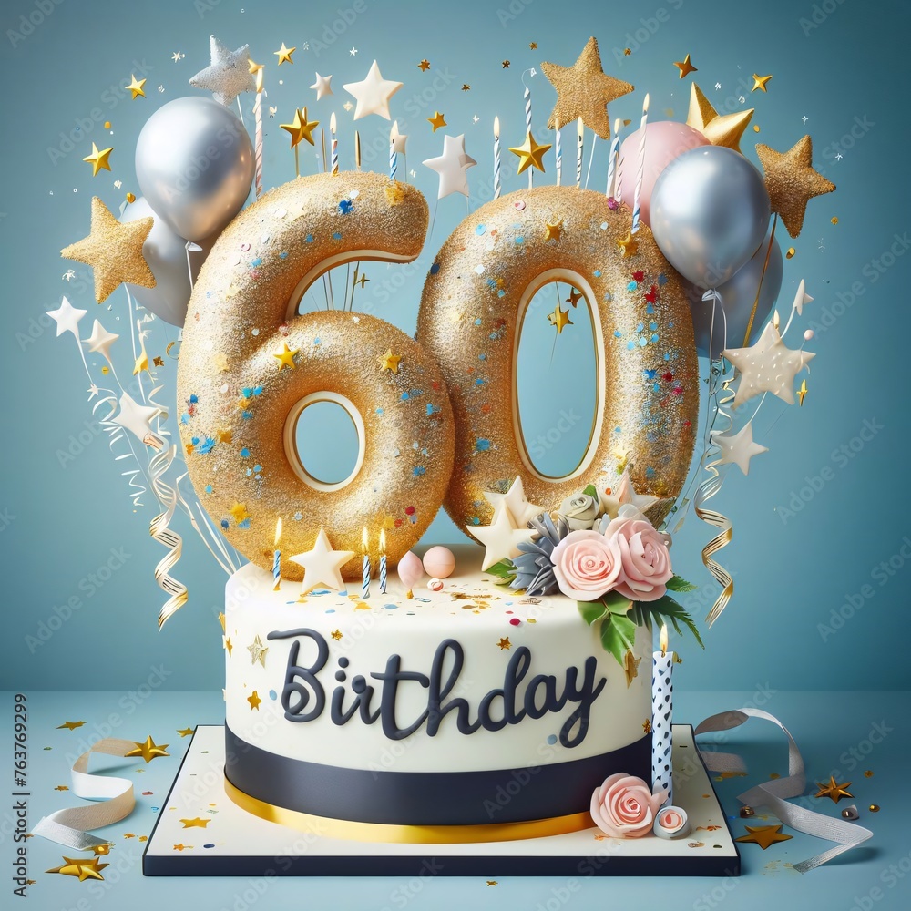 Vector Illustration of a Number 60th Birthday Balloon Celebration Cake ...