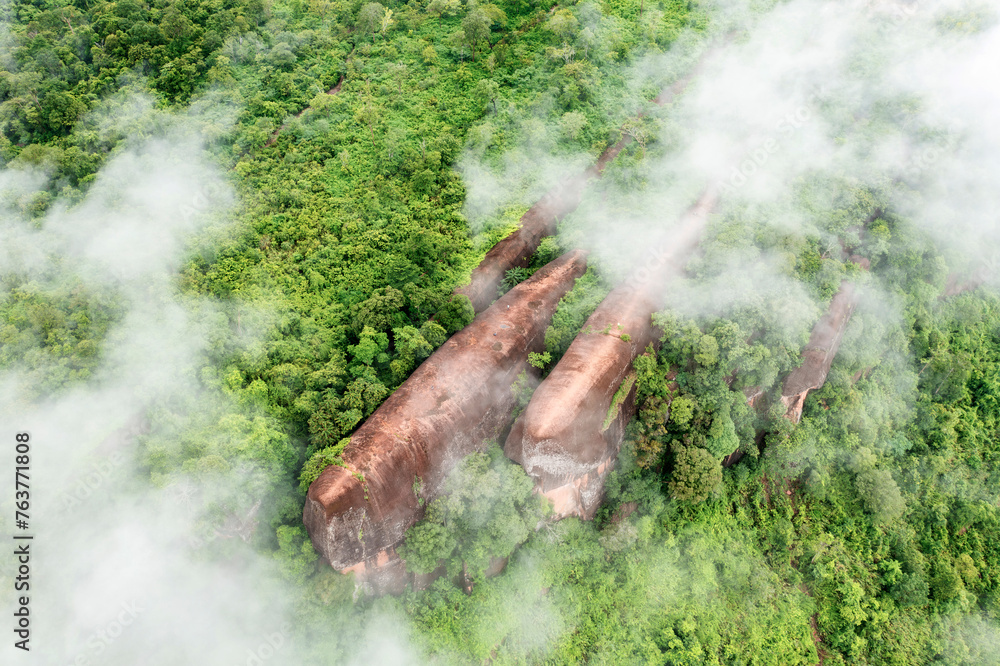 Aerial shot(Drone shot) of "Hin Sam Wan" ( Three whales Rock) through ...