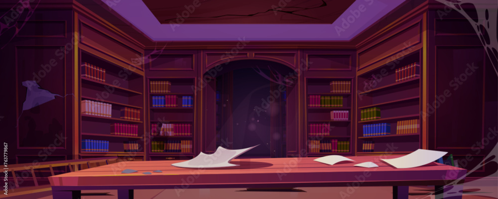 Abandoned public school library with books on broken shelves and ...