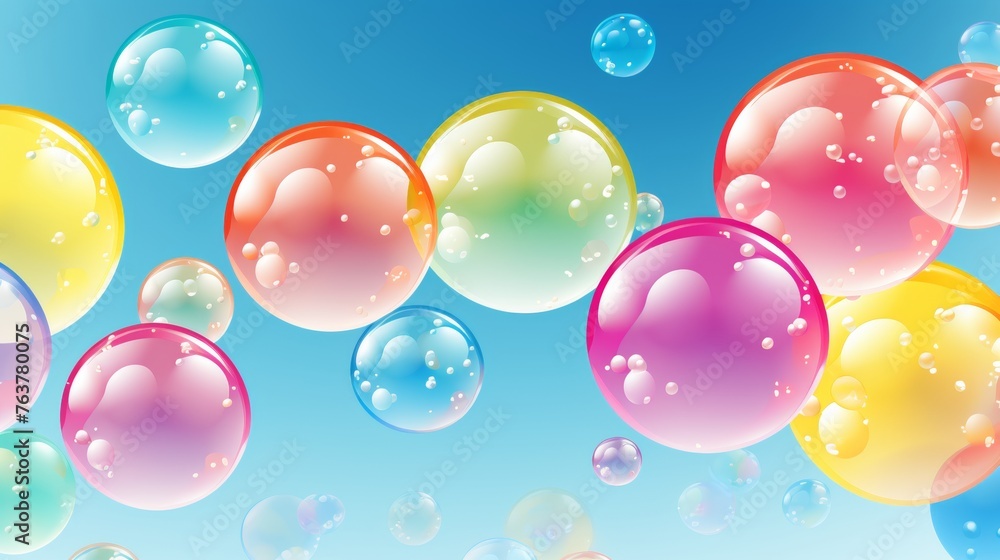 Beautiful abstract rainbow soap bubbles floating on gradient blue ...