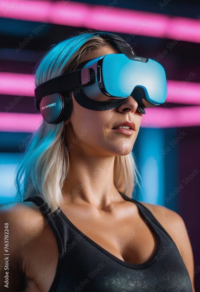 A modern gym-goer explores new dimensions of fitness using a VR headset ...