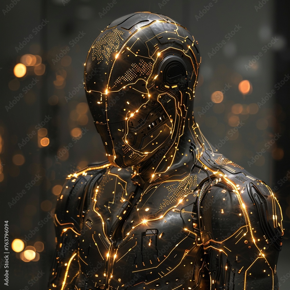 Design a futuristic image showcasing a golden cyborg with intricate ...