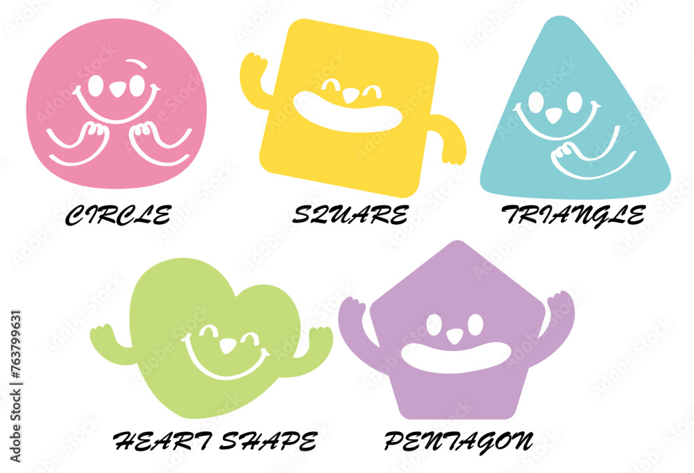 Variety of colorful geometric shapes with facial expression. Abstract ...